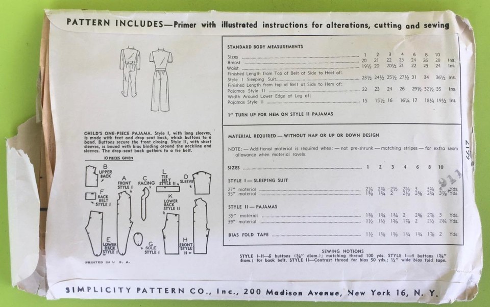 Vintage 1940s Simplicity 2199 Child's One-Piece Pajamas Sewing Pattern ...