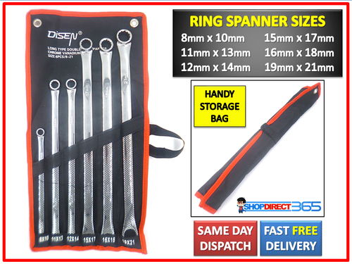 6PC PRO EXTRA LONG FLAT DOUBLE RING SPANNER SET 8mm-21mm LONG REACH ...