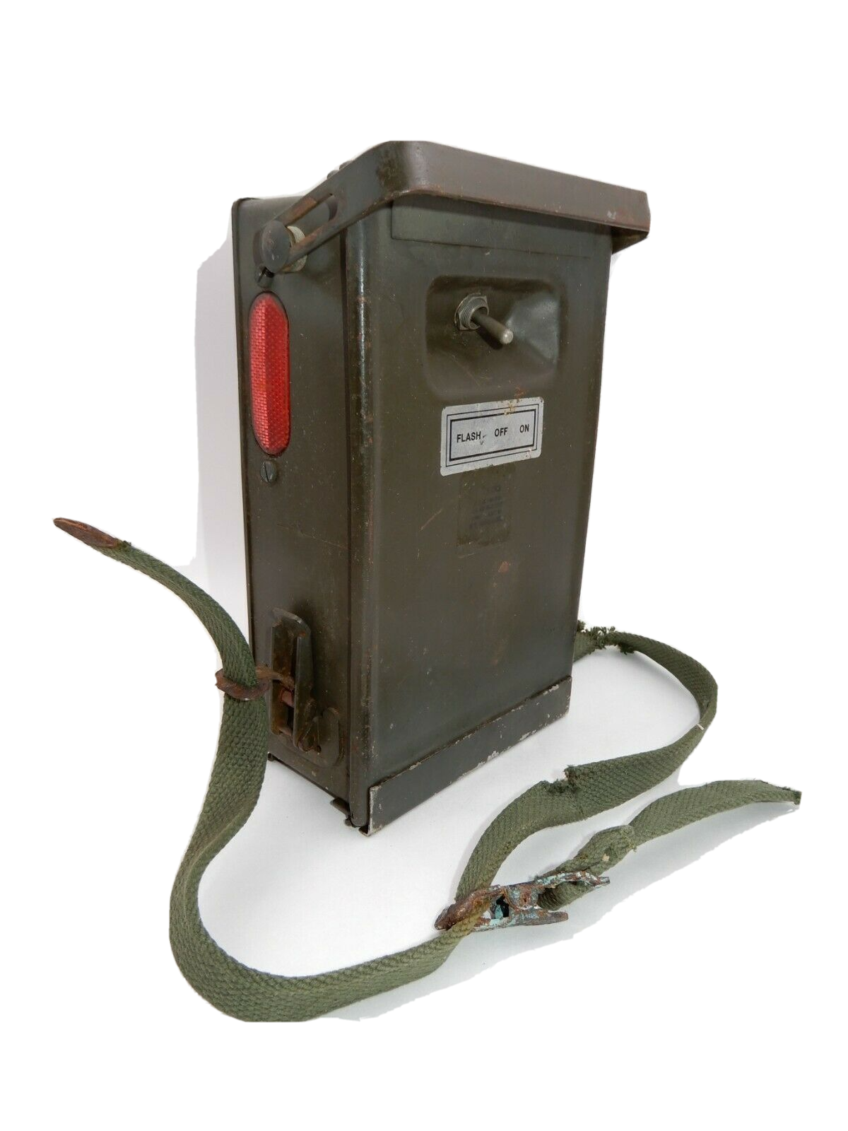 VINTAGE TEK-LITE MFG. ARMY GREEN METAL BOX RED FLASHING LANTERN WITH ...
