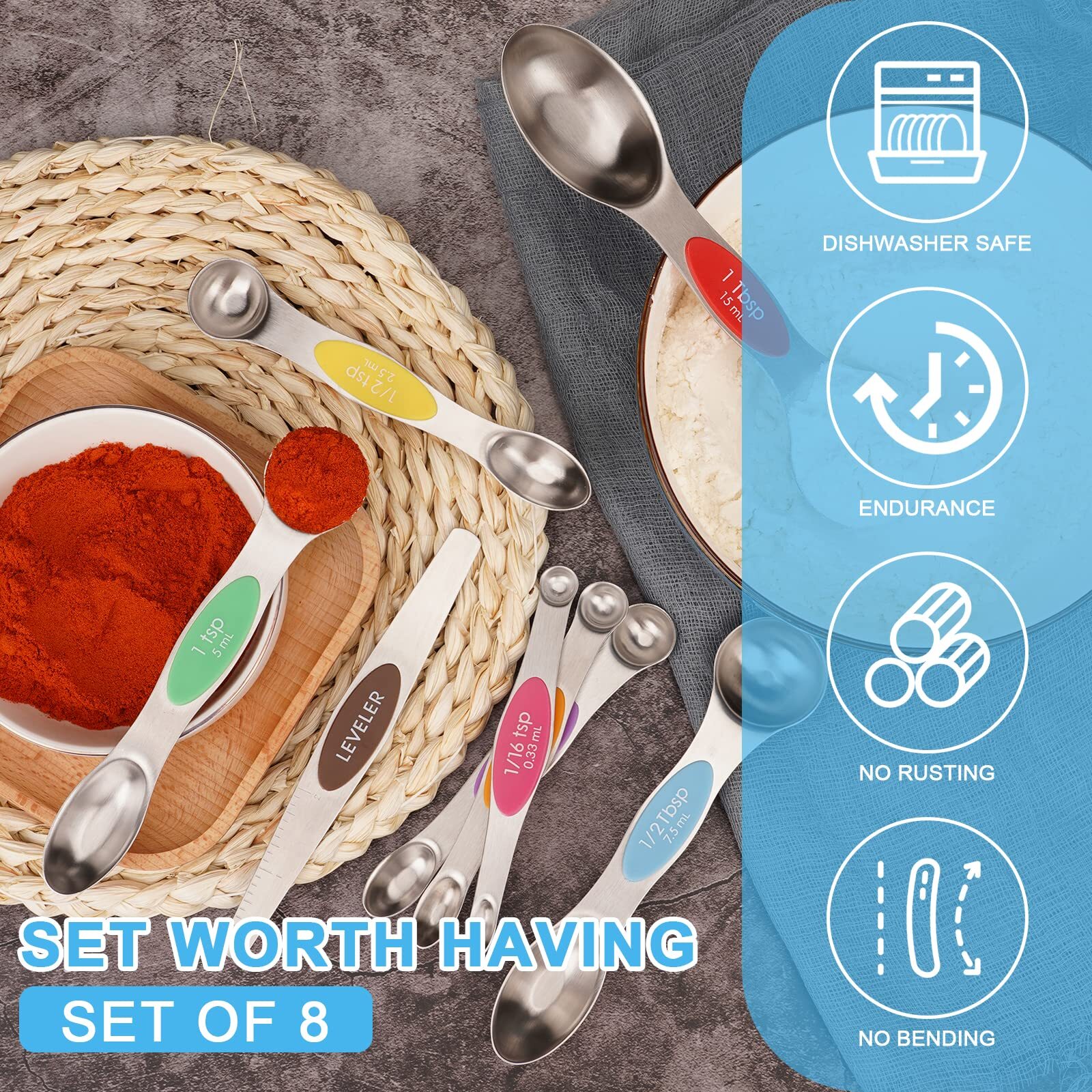8 Pcs Magnetic Measuring Spoons Set Dual Sided Stainless Steel Small ...