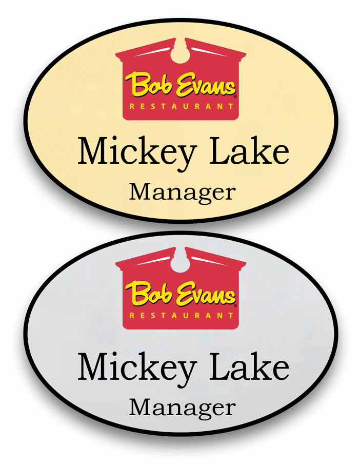 1 GOLD & 1 SILVER OVAL BOB EVANS PERSONALIZED NAME BADGES SAFETY PIN ...