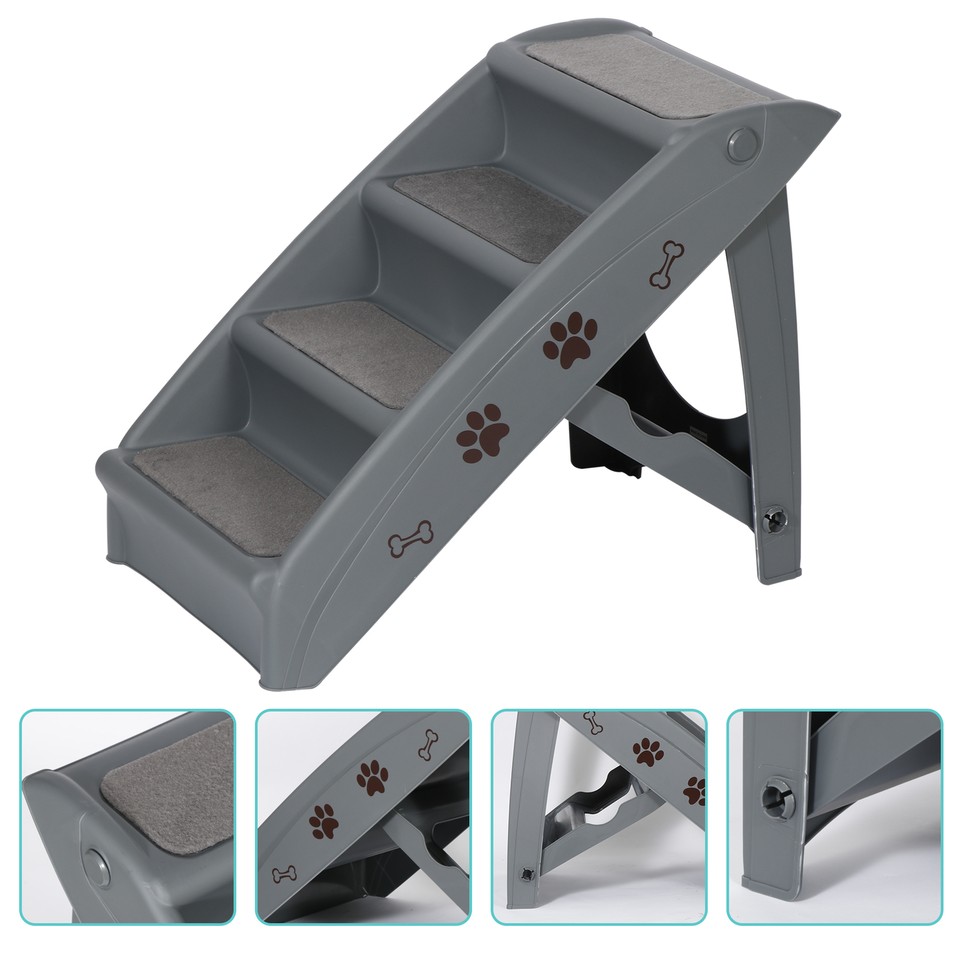Wide Foldable Pet Stairs 4 No Slide Steps w/ Support Frame for High Bed ...
