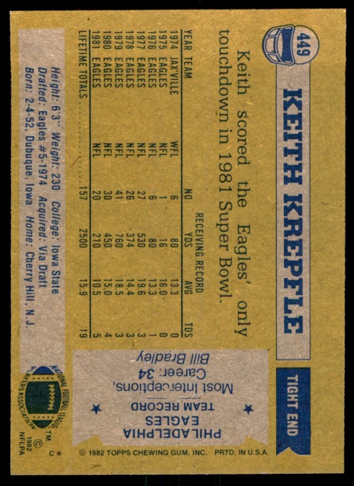 1982 TOPPS KEITH KREPFLE PHILADELPHIA EAGLES #449 | eBay