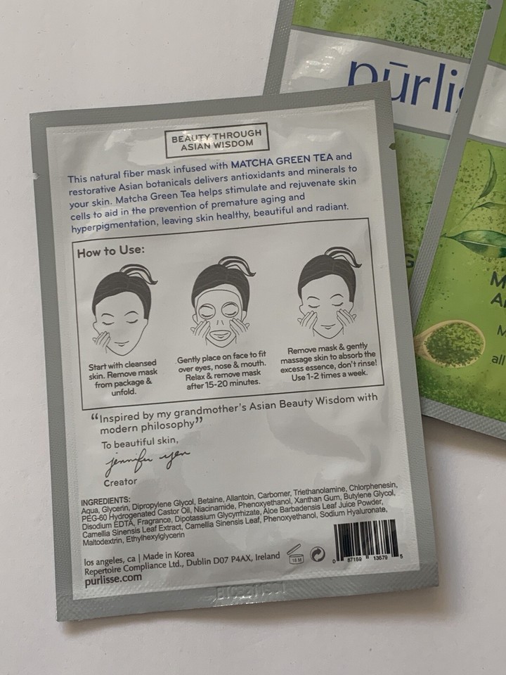 Lot 3 Purlisse Matcha Green Tea Antioxidant Sheet Mask Facial All Skin ...