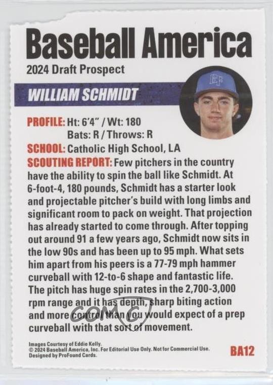 2024 Baseball America Draft Prospects William Schmidt #BA12 | eBay