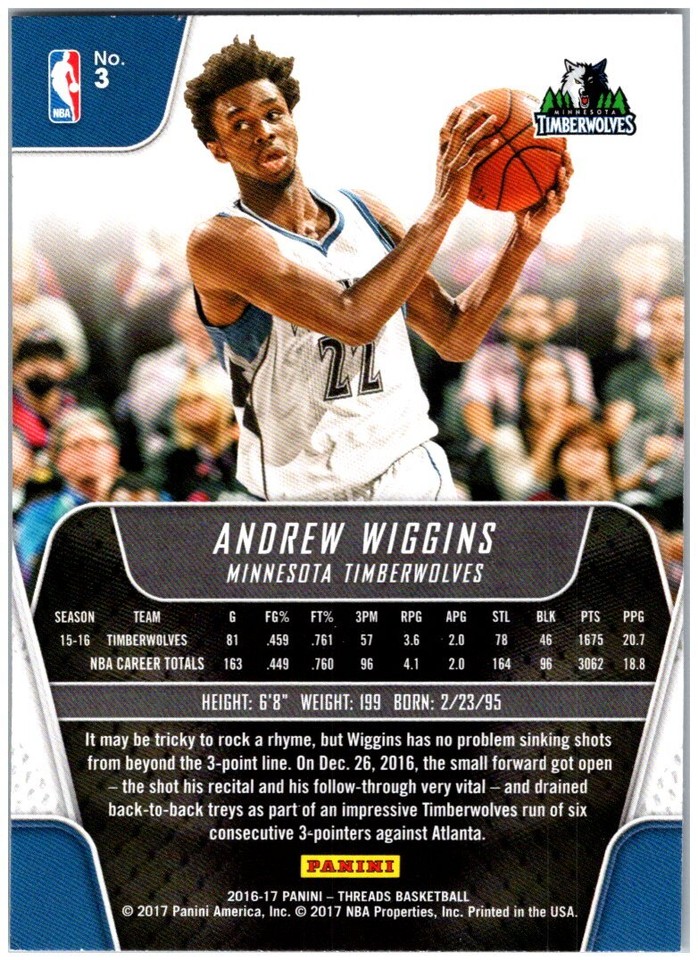 2016-17 Panini Threads #3 Andrew Wiggins - FREE SHIPPING! | eBay