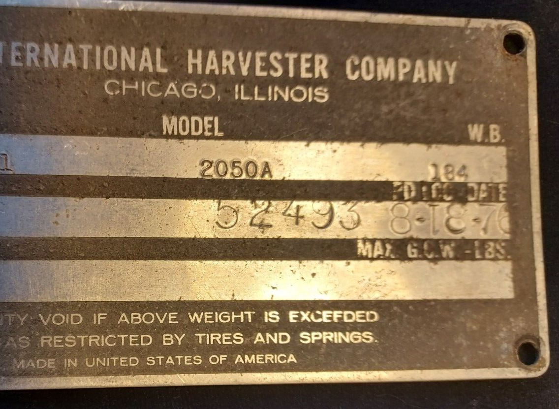 1975 International Harvester Co Chicago VIN Plate Serial Number Model ...