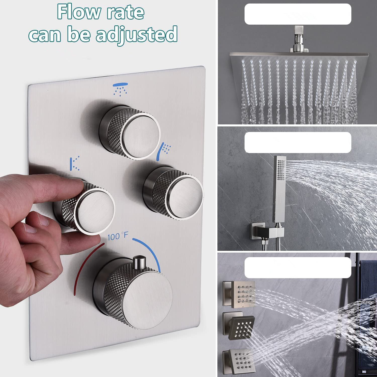 Brushed Nickel 12" Thermostatic Shower System with 4pcs Body Jet Set ...