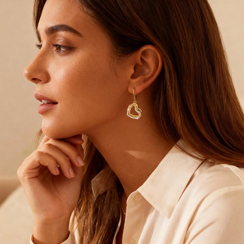 14K Gold Heart Earrings for Women, Cubic Zirconia Dangle Earrings, Gold ...