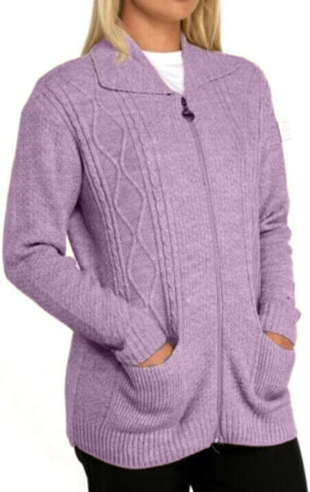Ladies Women's Winter Zip Cardigan Zipped Cable Knit Long Sleeve Jumper ...