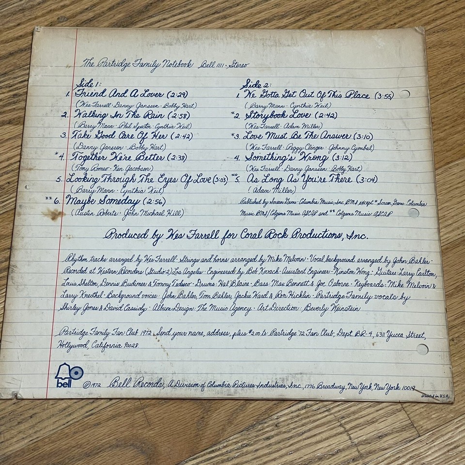 The PARTRIDGE FAMILY David Cassidy Notebook ORIGINAL LP 1972 BELL-1111 ...