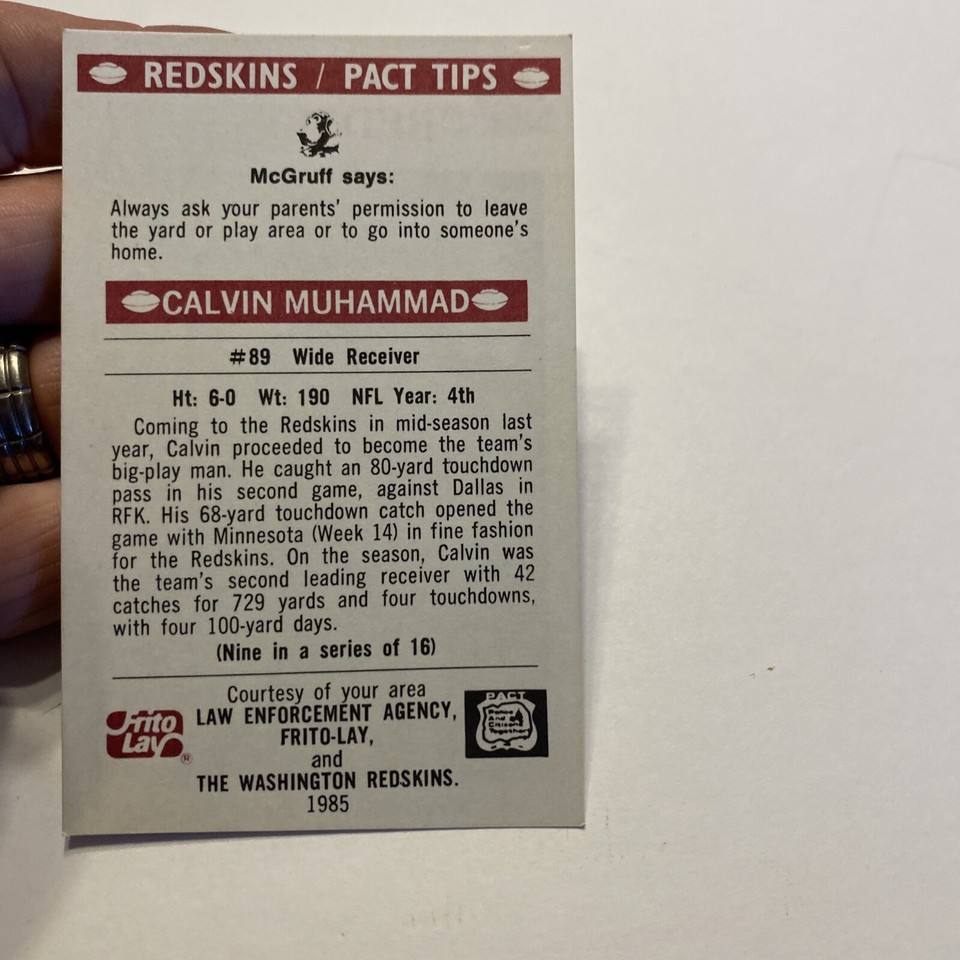 1985 Frito Lay Washington Redskins Police #89 Calvin Muhammad Wife ...
