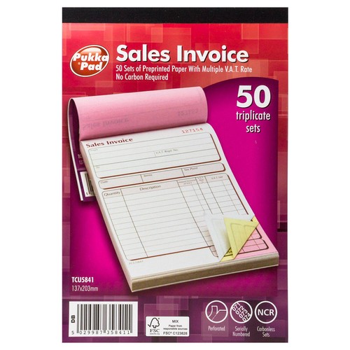 Pukka Pad Triplicate Sales Invoice Carbonless Book TCU5841 50 Numbered ...