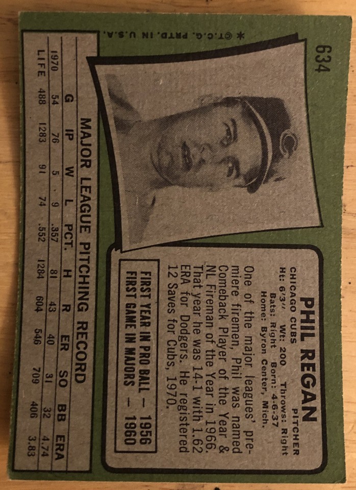1971 Topps Phil Regan Baseball Card #634 Cubs Pitcher Low-To-Mid-Grade ...