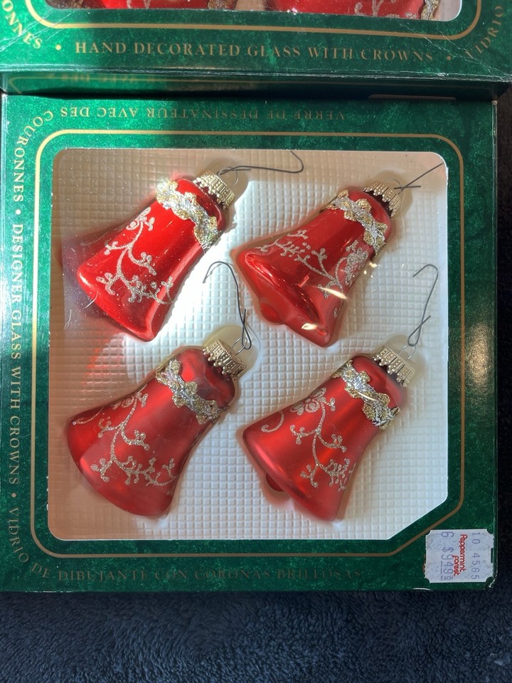 VINTAGE CHRISTMAS BY KREBS RED BALL & BELL ORNAMENTS 4 BOXES w/GLITTER ...