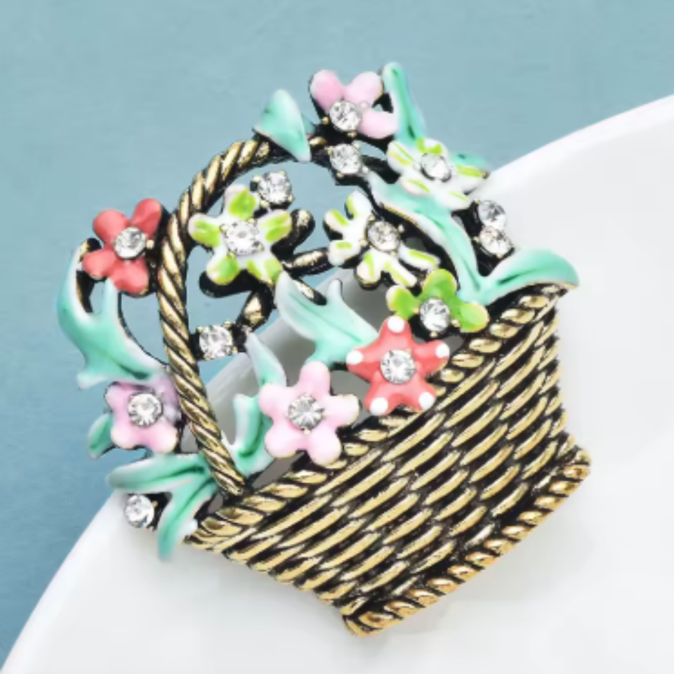 Vintage Easter Spring Flower Basket Brooch Sparkling Rhinestone Pin ...