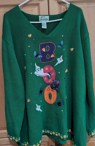 The Quacker Factory Women Sweater 3x Green Halloween Boo Ghost Sequin ...