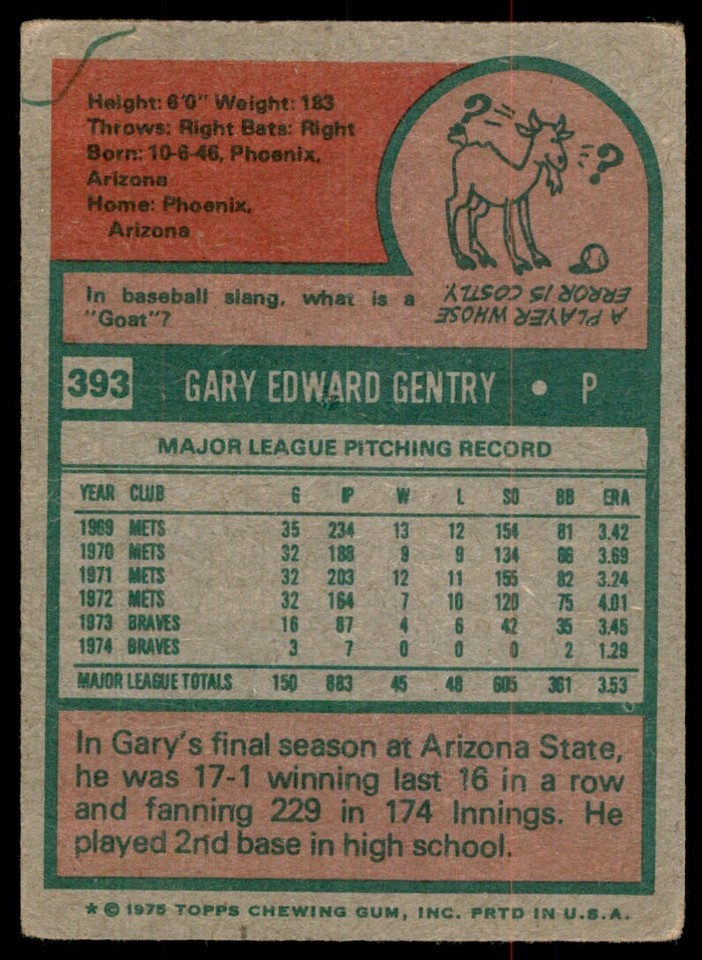 1975 Topps Gary Gentry Baseball Cards #393 | eBay