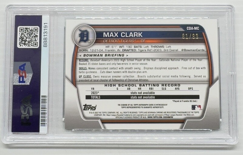 2023 Bowman Draft Max Clark 1st Chrome Green Refractor Auto #81/99 PSA ...