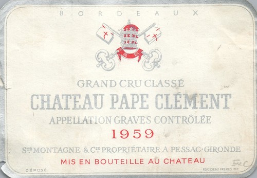 Chateau Pape Clement Grand Cru French Wine Label Vintage 1959 Original ...