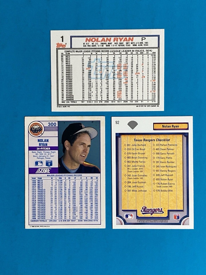 Nolan Ryan Baseball Card Lot 1989 Score 1991 Upper Deck Checklist 1992 ...