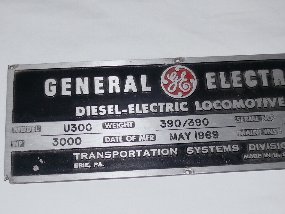 Vintage 1969 General Electric GE Diesel Locomotive Builders Plate U30C ...