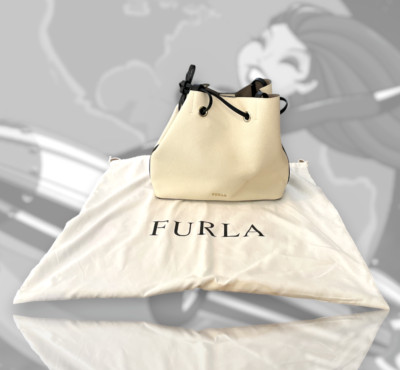 Furla Beige Leather Tote with Black Straps and Drawstring | eBay