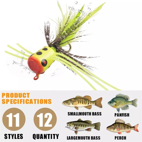 Fly Poppers, 12pcs Topwater Fishing Lures Bass Panfish Popper Flies ...