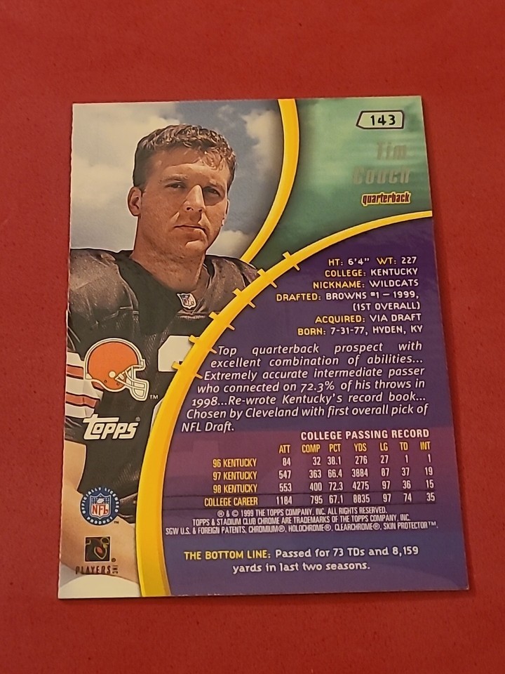 1999 Tim Couch ROOKIE RC Topps Stadium Club Chrome #143 Draft Pick | eBay