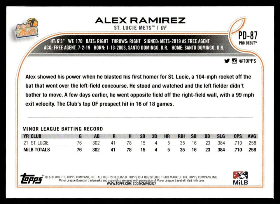 2022 Topps Pro Debut Alex Ramirez Rookie A105 St. Lucie Mets #PD-87 | eBay