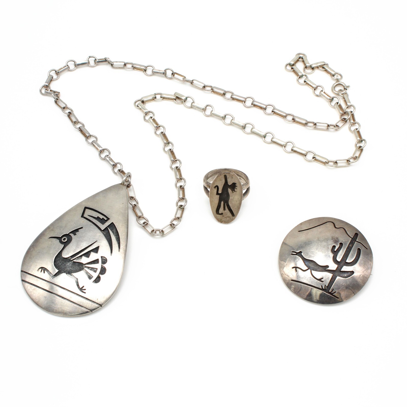 Hopi Sterling Silver Road Runner Pin Necklace & Ring Lot Of 3 SW-180 | eBay