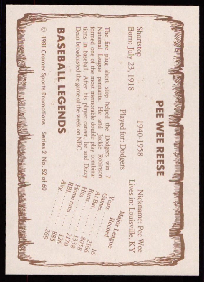 1981 Cramer Baseball Legends Series 2 Pee Wee Reese Brooklyn Dodgers ...