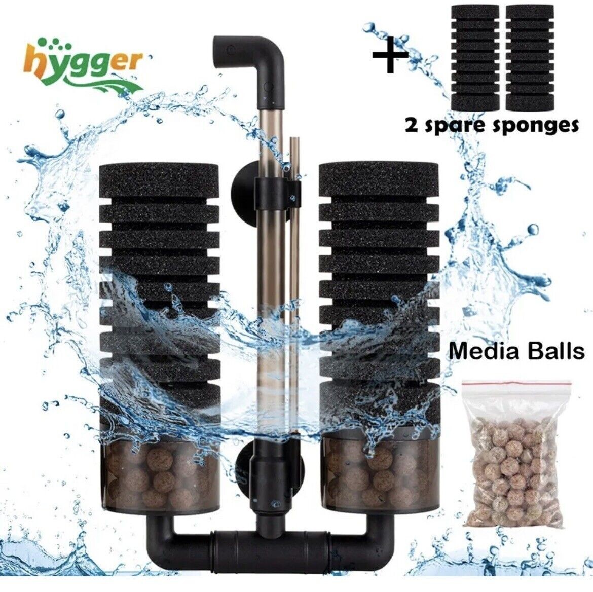 hygger Aquarium Double Sponge Filter with Built-In Pump Bio Media ...