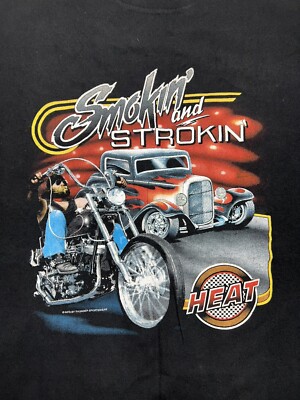 VINTAGE BIKER MOTORCYCLE HOT ROD CAR T-SHIRT SMOKIN STROKIN HEAT RACING ...