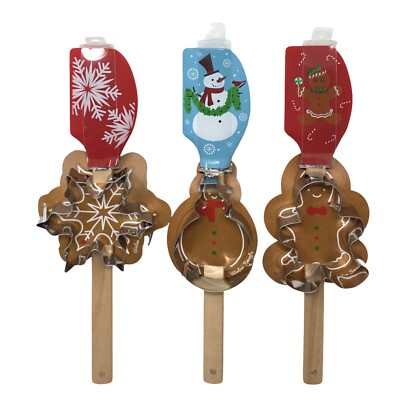 3 Sets Spatula & Cookie Cutter Set, Snowflake, Snowman, Gingerbread Man ...