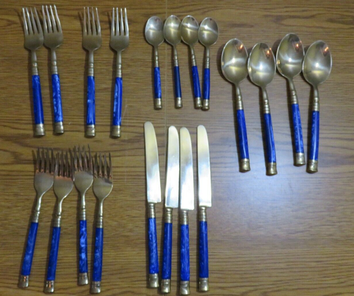 20 PIECE GOLD METAL BRASS? FLATWARE BLUE HANDLES SETTING FOR 4 | eBay