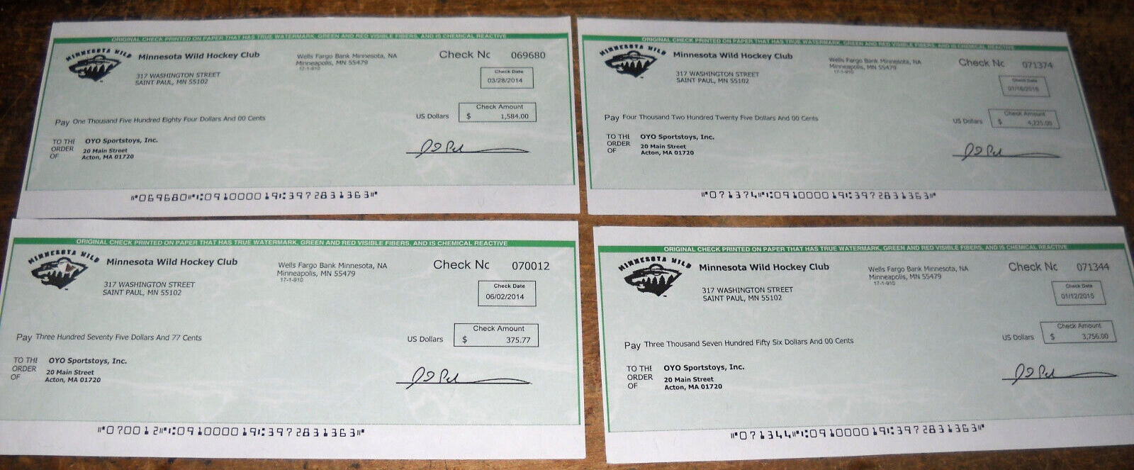 RARE 4 LOT MINNESOTA WILD HOCKEY CLUB CANCELLED CHECKS | eBay