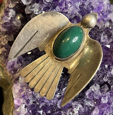 Vtg Sterling Silver and Green Stone Thunderbird Pin Or Pendant Dual ...