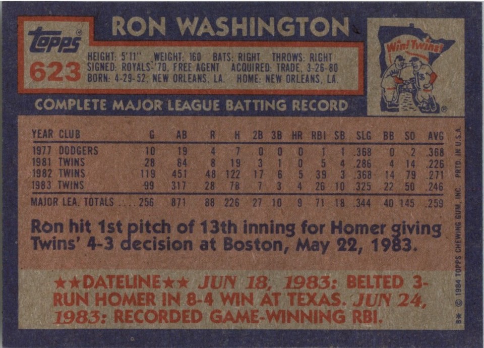 1984 Topps #623 Ron Washington Minnesota Twins | eBay