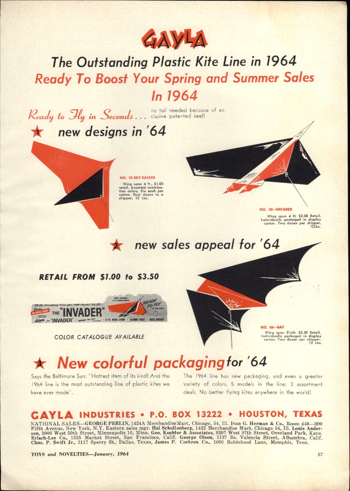 1964 PAPER AD Gayla Kites Sky Raider Invader Bat Popeye 35th Birthday ...