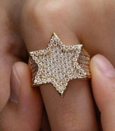 2.30Ct Round Real Moissanite Men's Star Pinky Ring 14k Yellow Gold ...