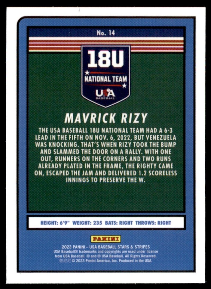 Mavrick Rizy 2023 Panini Stars & Stripes Rookie Card RC #14 USA 18U ...
