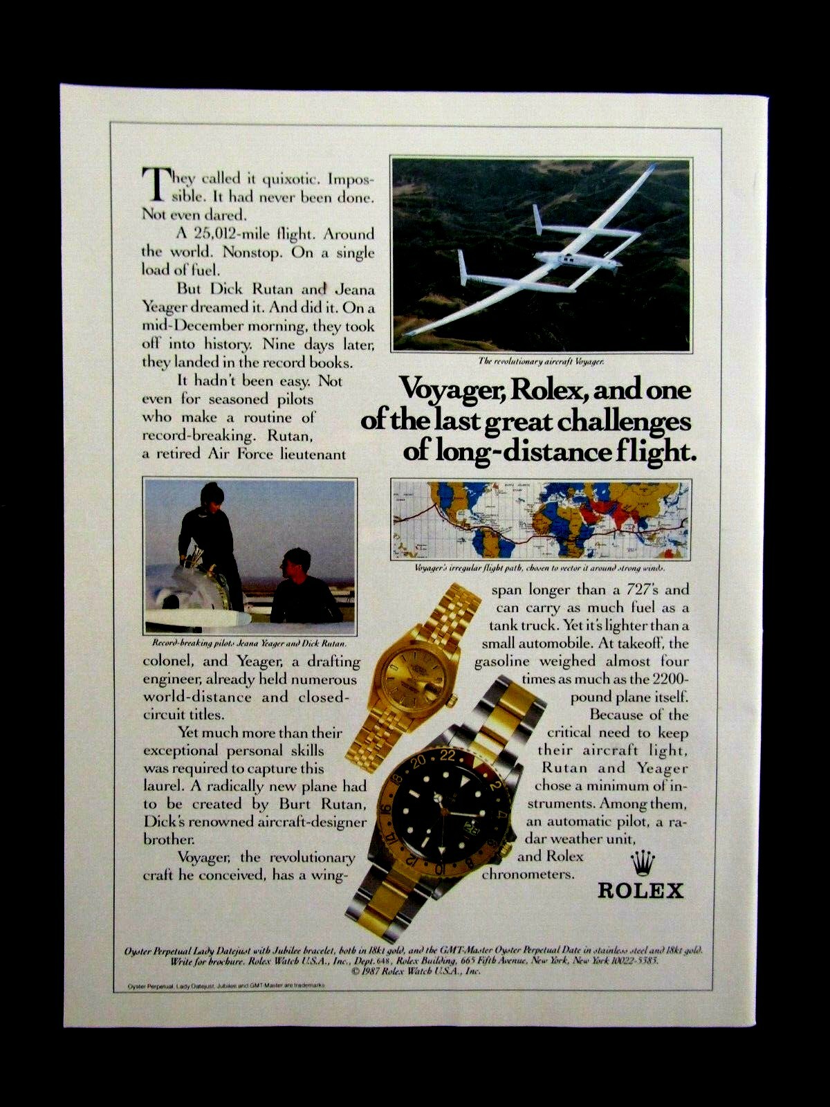 1987 Rolex Dick Rutan-Jeana Yeager Voyager Vintage Original Print Ad 8. ...