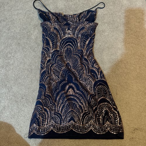 Y2K Jump Dress Navy and Rose Gold Glitter Mini Body-con Draped Neckline ...