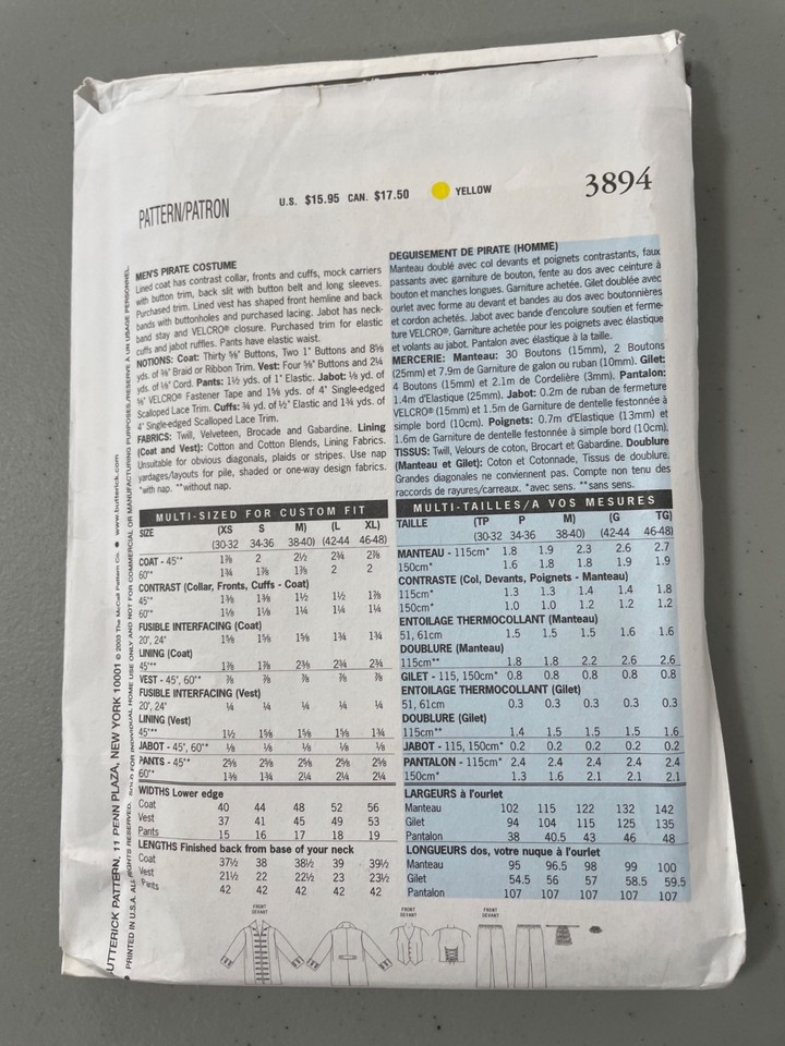 Butterick 3894 Pirate Costume Pattern Size XS-M Pirate Historical UNCUT ...