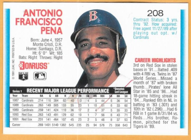 TONY PENA BOSTON RED SOX #208 no dot inc - DONRUSS NM-MT 1992 | eBay