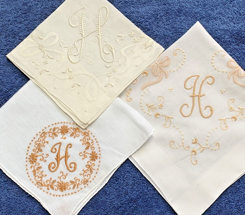 Monogram H Hankies Floral Embroidered Madeira Linen White Gold Lot of 3 ...