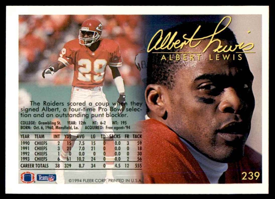 1994 Fleer Albert Lewis Los Angeles Raiders #239 | eBay