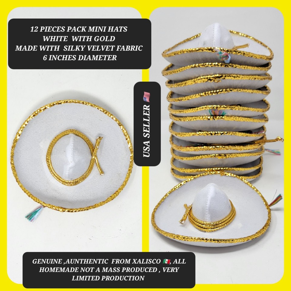 12 mini pack WHOLESALE MEXICAN WEDDING PLAIN WHITE gold SOMBRERO ...