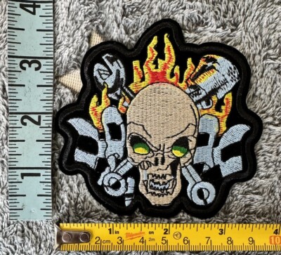 Skull Wrench Fire Embroidered Iron On Patch | eBay